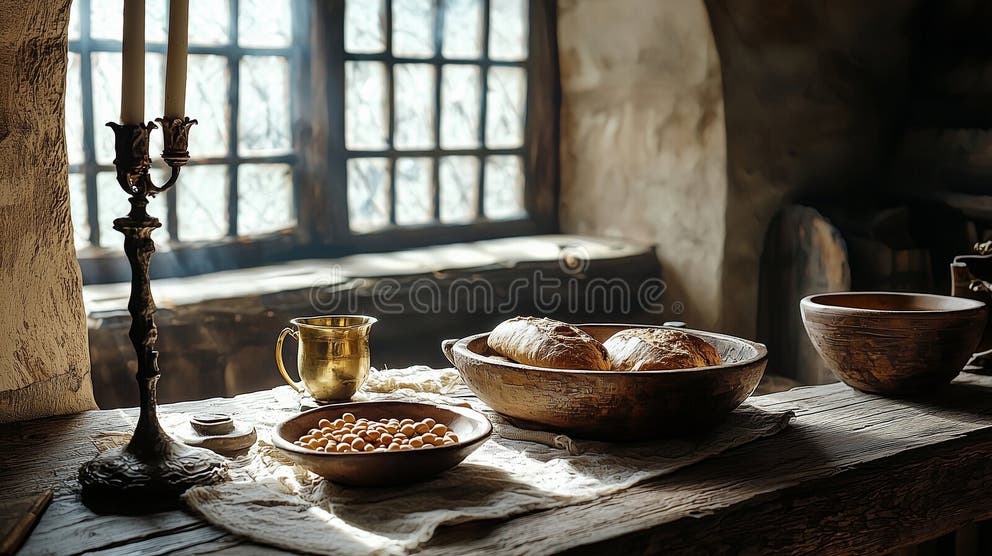 Simple Renaissance Monastic Meal with Bread, Beans, and Brass Cup Stock ...