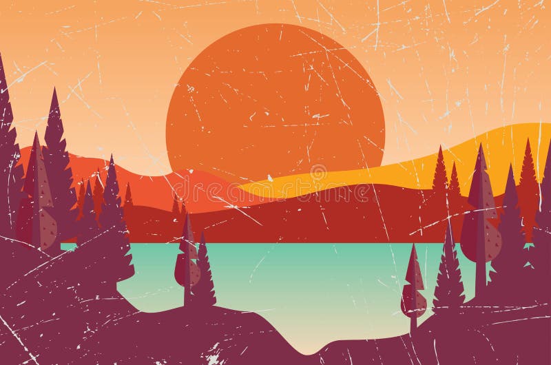 Simple Retro Sunset Landscape Stock Illustration - Illustration of ...