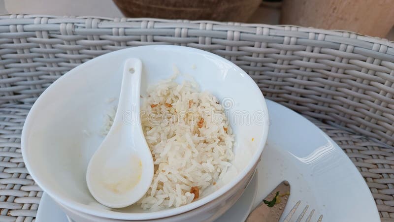 Simple Rice Bowl with Spoon on Woven Tray Stock Photo - Image of ...
