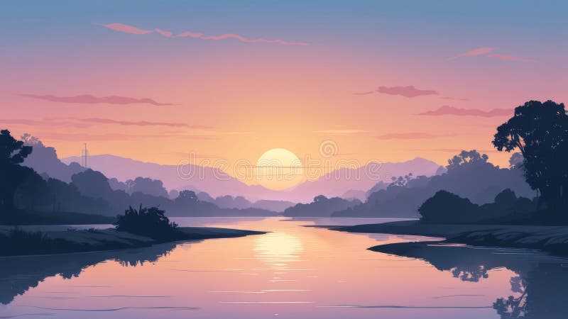 Simple River View with Dawn in the Background, Ai Generated Stock ...