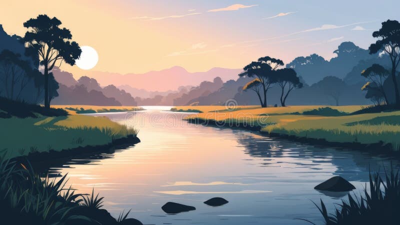 Simple River View with Dawn in the Background, Ai Generated Stock ...