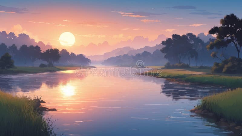 Simple River View with Dawn in the Background, Ai Generated Stock ...