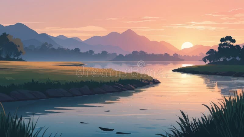 Simple River View with Dawn in the Background, Ai Generated Stock ...