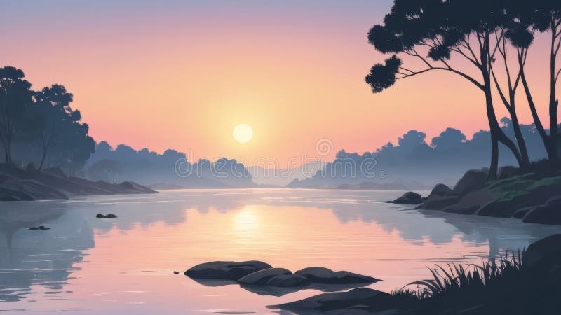 Simple River View with Dawn in the Background, Ai Generated Stock ...