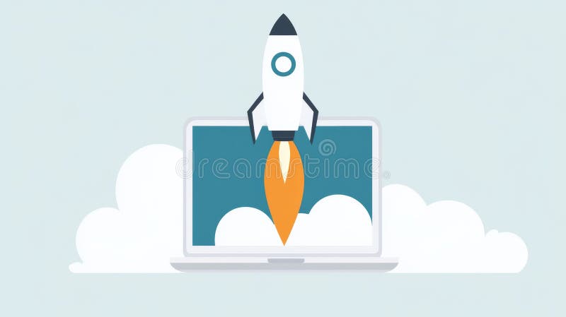 Simple Rocket Launching from a Laptop Illustration Stock Illustration ...