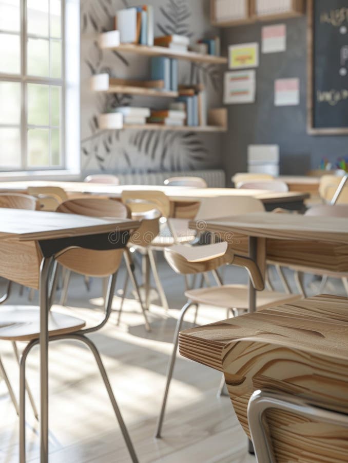 A Simple Room Filled with Wooden Desks and Chairs, Ready for Students ...