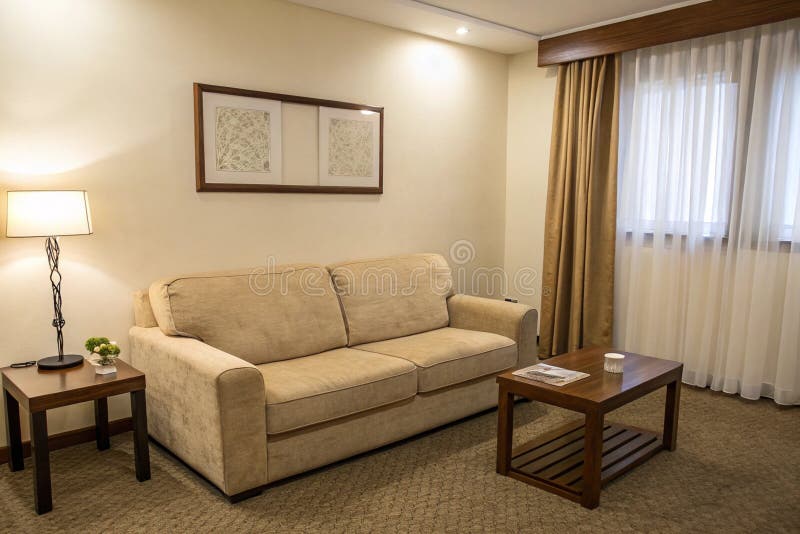 Simple Room Interior with Comfortable Beige Sofa Stock Illustration ...