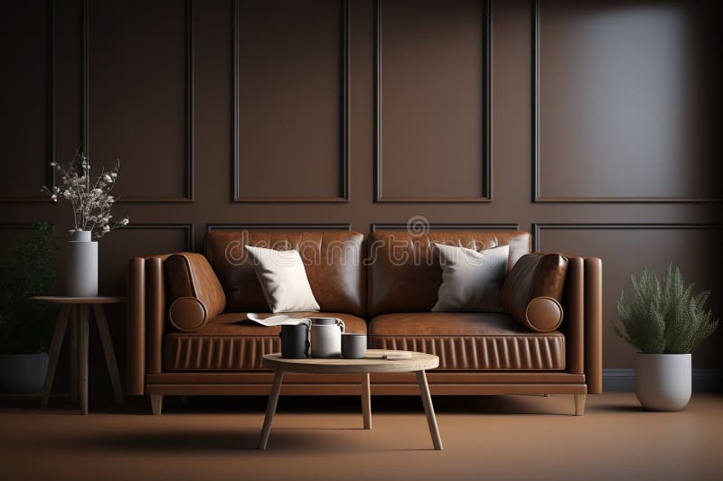 Simple Room Interior Render with Brown Leather Sofa in Darck Style 3d ...