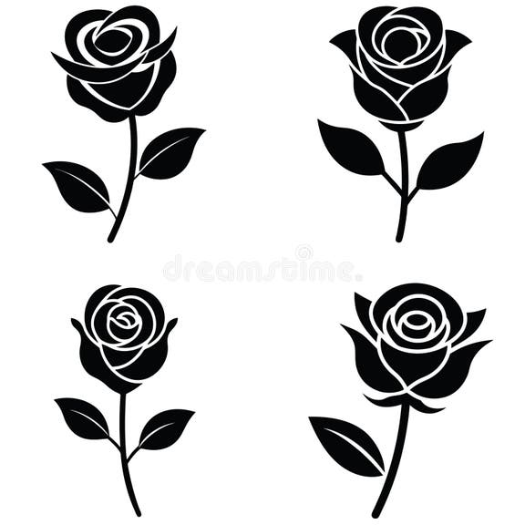 Simple Rose Icon Bundle with a Curved Stem and Two Leaves Stock Vector ...