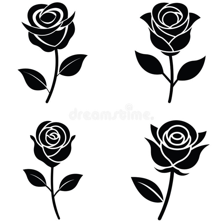 Simple Rose Icon Bundle with a Curved Stem and Two Leaves Stock Vector ...