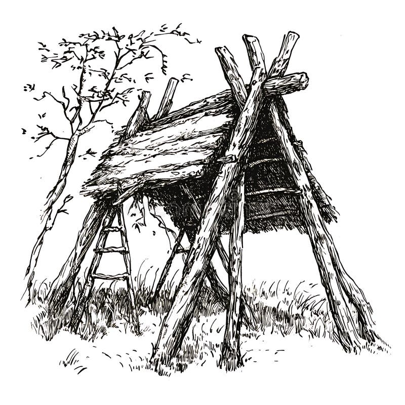 Simple Rustic Wooden Lean-to Shelter with Ladder Stock Illustration ...