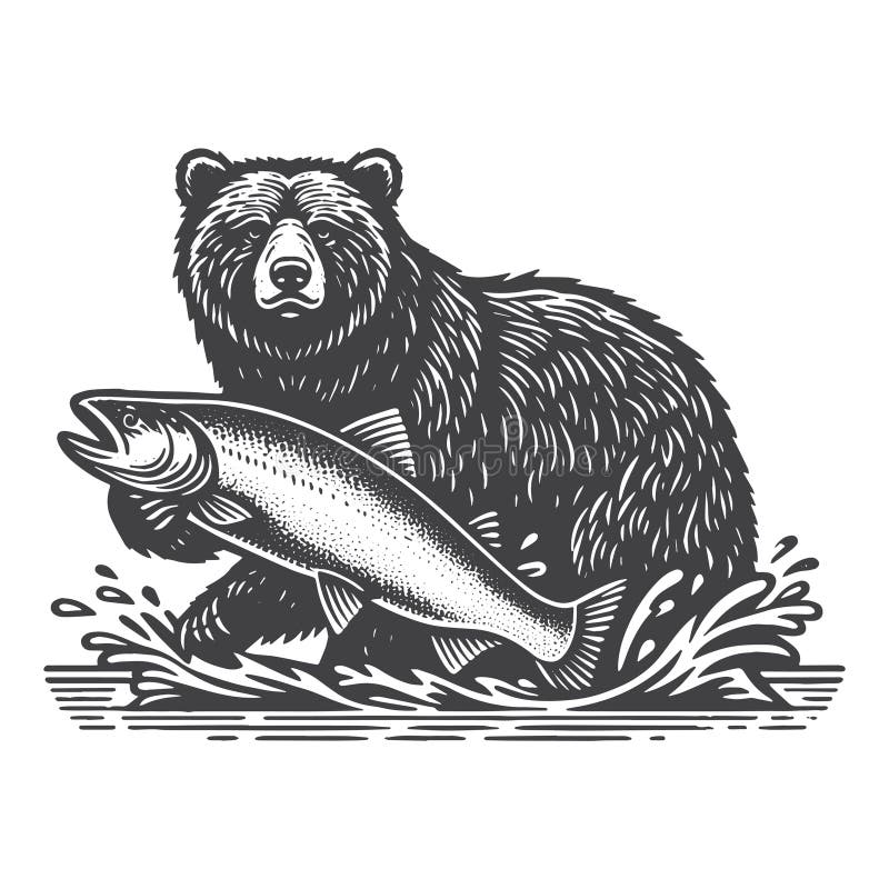 Simple Salmon Caught by Bear Icon Design Vintage Retro Logo ...