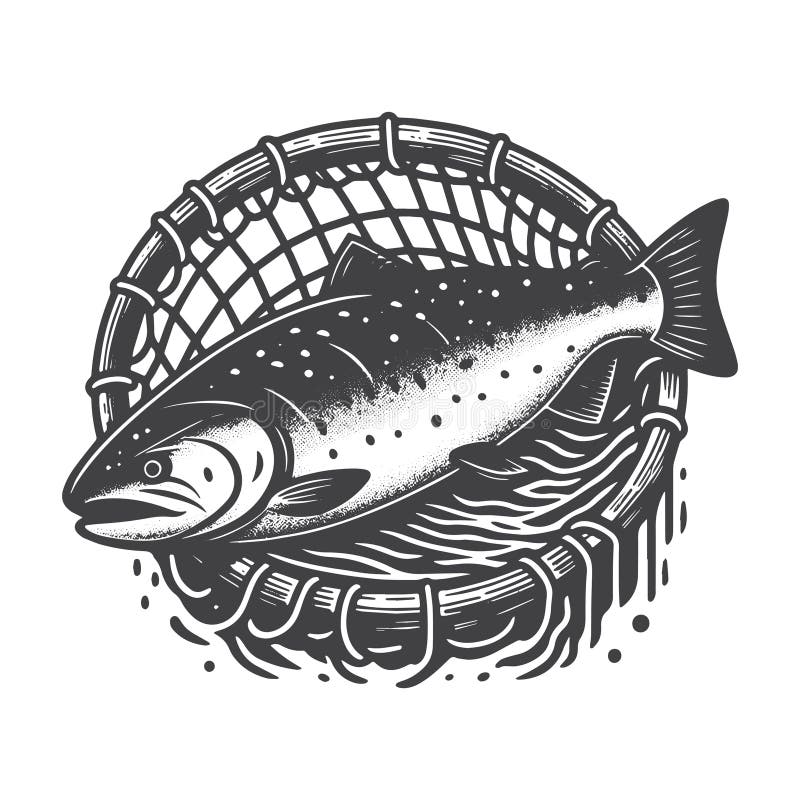 Simple Salmon Caught in Net Vector Icon Vintage Retro Logo Illustration ...