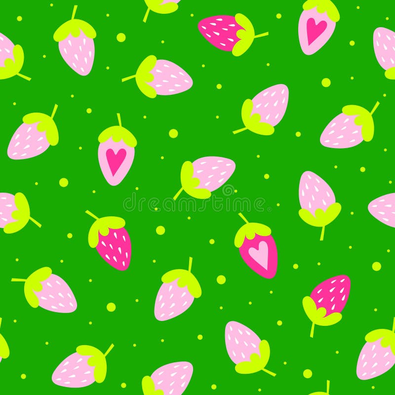 Simple Seamless Pattern with Hand Drawn Strawberry on Green Background ...