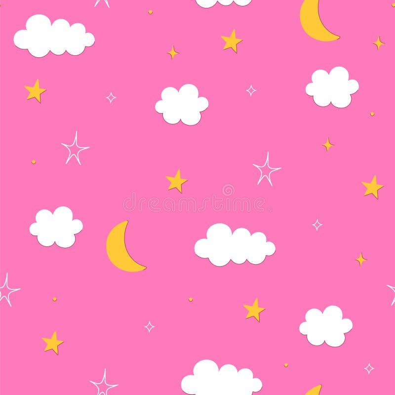 Simple Seamless Pattern with Stars, Moons and Clouds on a Pink ...