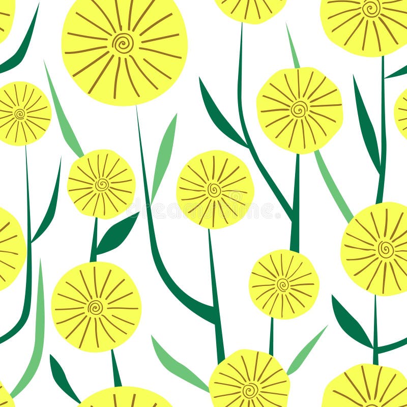 Simple Seamless Pattern of Yellow Flowers with Green Leaves Stock ...