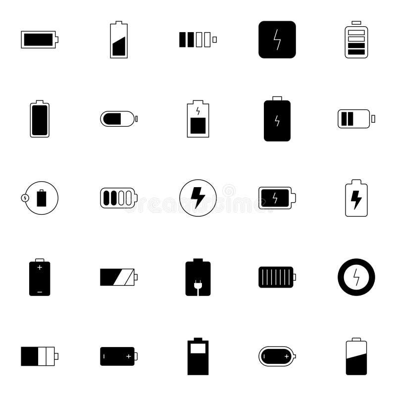 Simple Set of Battery Solid Outline Icons Isolated on White Background ...