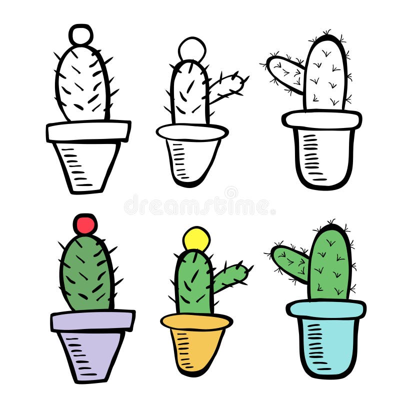 Simple Set 6 Doodle Hand Draw Vector Cactus, Outline and Colorful Stock ...