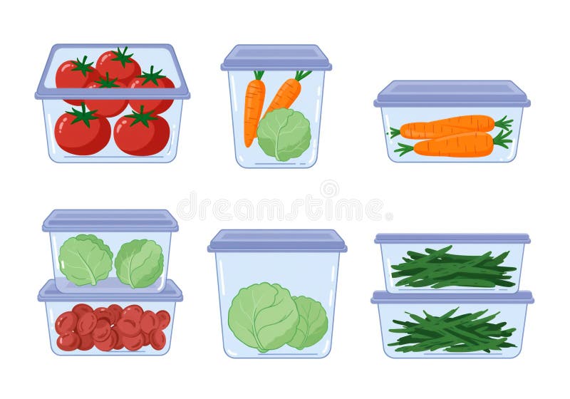 Simple Set of Illustrations of Transparent Boxes with Vegetables on ...