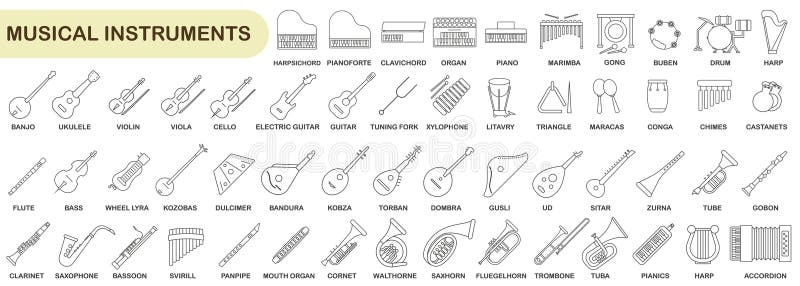 Simple Set of Musical Instruments in Thin Line Design. Images of ...