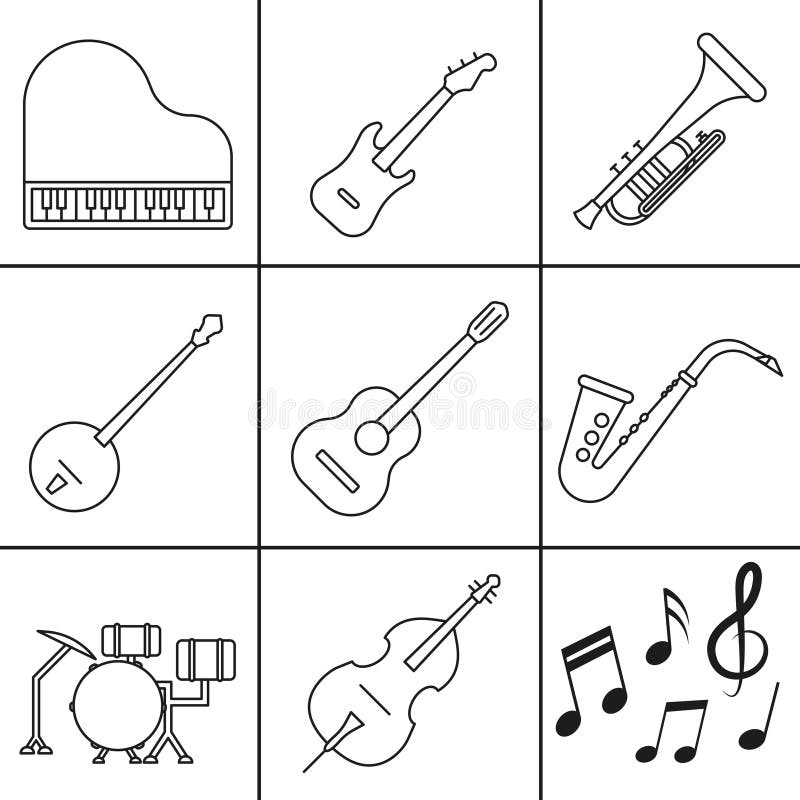 A Simple Set of Musical Instruments in a Thin Line. Image of Jazz and ...