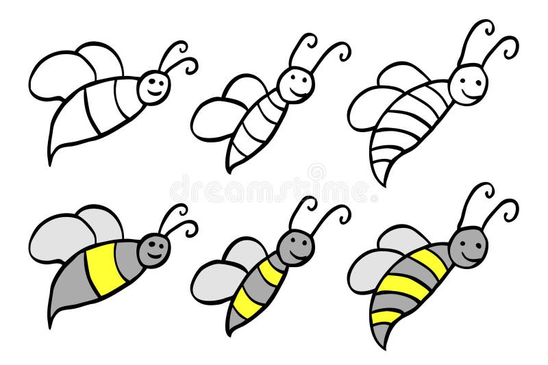 Simple Set 6 Sketch Smiling Bee, Isolated on White Stock Vector ...
