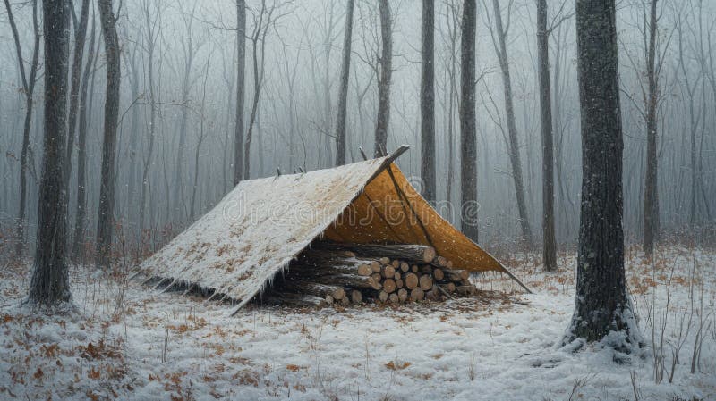 A Simple Shelter in a Snowy Forest Stock Illustration - Illustration of ...