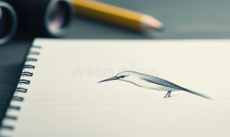 A Simple Sketch of a Bird Rests on a Notebook beside a Pencil and ...