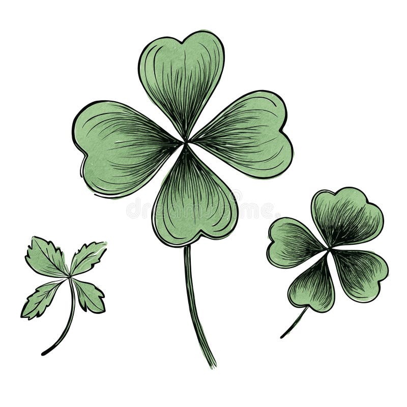 Set of Three Sketched Clover Leaves Stock Photo - Illustration of hand ...