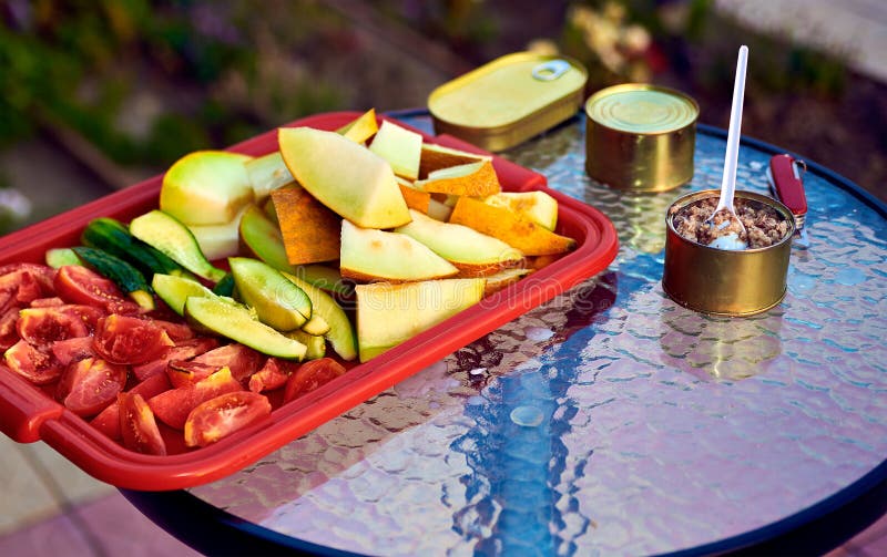 Simple Snack outdoors stock image. Image of canned, dish - 59598437