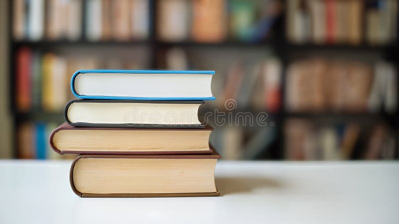Stack of Books on Library Table Stock Photo - Image of information ...