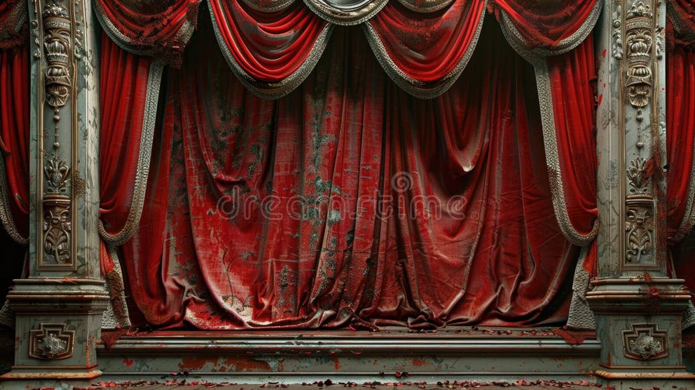 A Simple Stage Setup with a Red Curtain and a Bench Stock Photo - Image ...