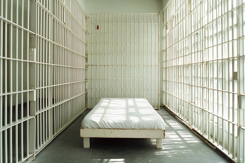 Interior of a Prison Cell with White Walls and a Wooden Bed Stock ...