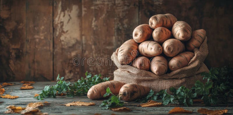 A Simple Still Life Composition of Sweet Potatoes in a Burlap Sack ...
