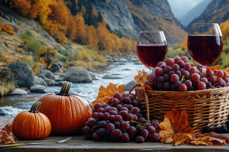 A Simple Still Life Featuring a Basket of Grapes and Two Glasses of ...