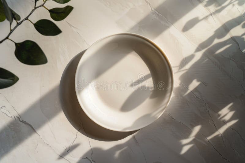 A Simple Still Life Scene with a White Bowl and a Green Plant on a ...