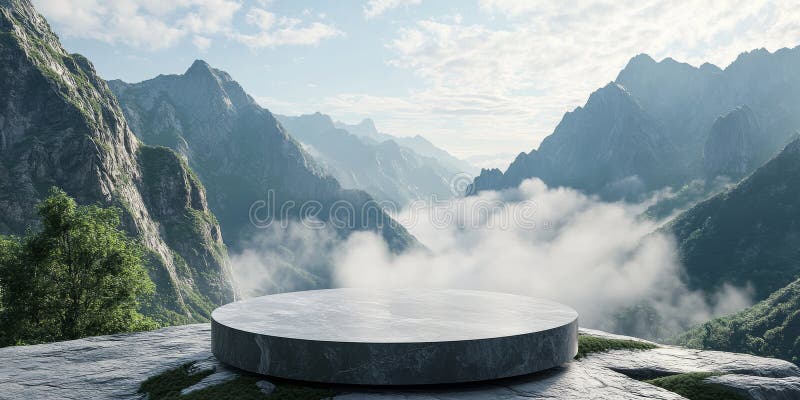 Simple Stone Podium in the Mountains with Drifting Clouds, Creating an ...