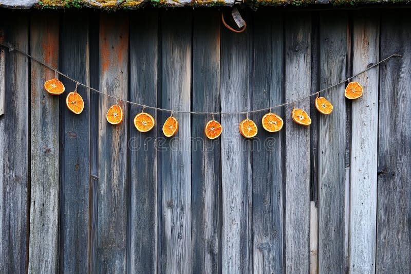A Simple String of Dried Orange Slices Displayed on a Rustic Garden ...