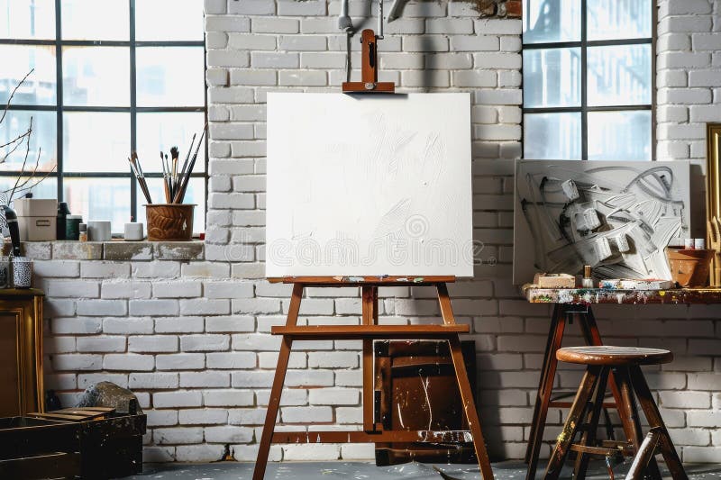Simple Studio with Blank Canvas on Easel, White Brick Wall, Soft ...