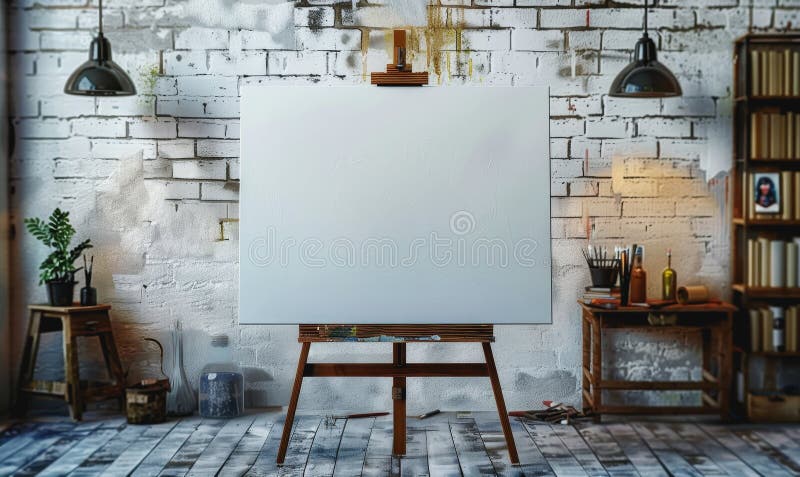 Simple Studio with Blank Canvas on Easel, White Brick Wall, Soft ...