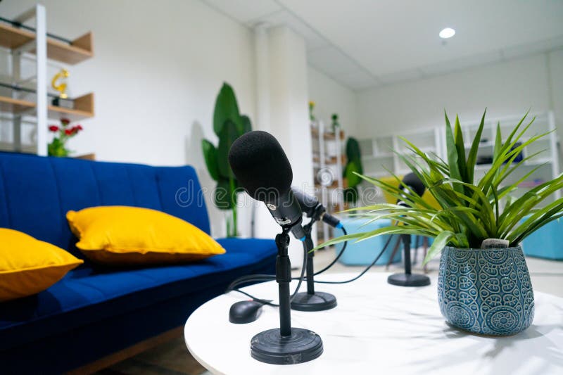 Simple Studio Room with Blue Chairs. Podcast Media Studio To Broadcast ...