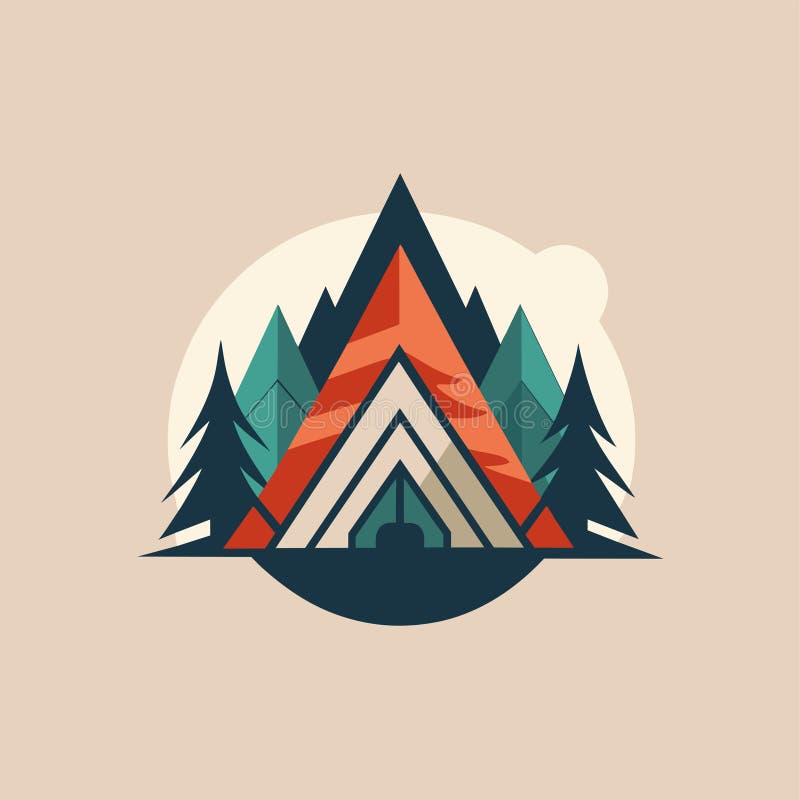 A Simple, Stylized Logo of a Tent Pitched in a Forest with Mountains, a ...
