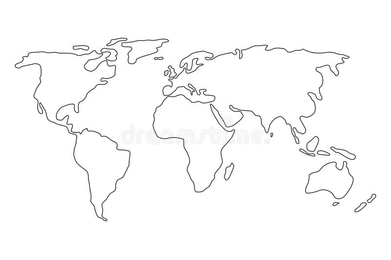 Simple Stylized World Map in Minimal Thin Line Outline Shape. Contours ...