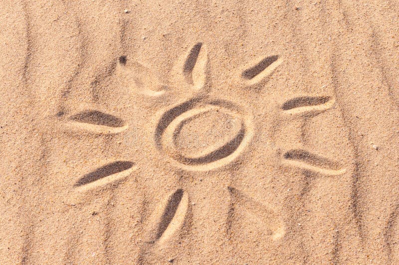Simple Sun Drawing in the Sand on the Beach. Summer Travel Concept ...