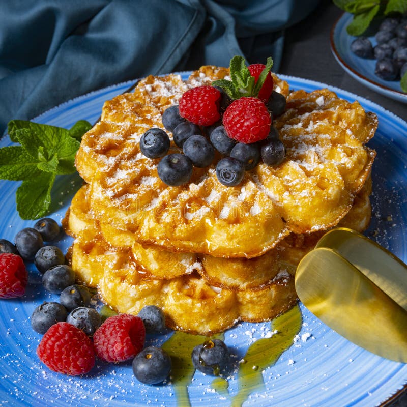 Simple Sweet Waffles with Raspberries and Blueberries Stock Photo ...