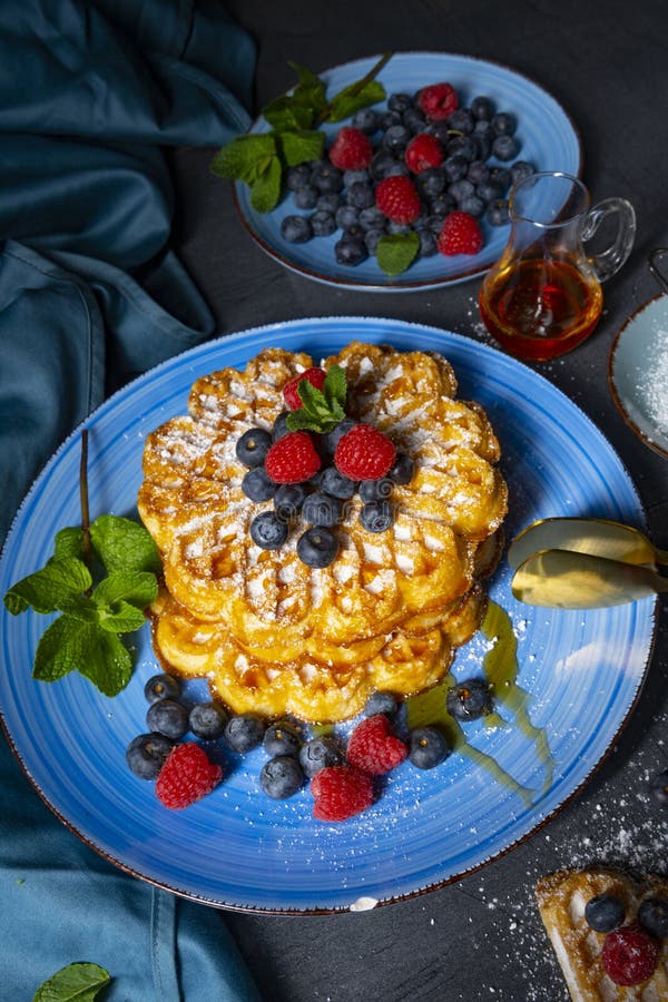 Simple Sweet Waffles with Raspberries and Blueberries Stock Photo ...