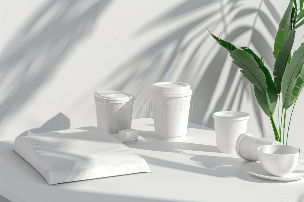A Simple Table Setting with Cups and a Small Plant, Ideal for a Coffee ...