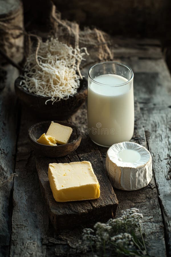 A Simple Table Setting Featuring Cheese and a Glass of Milk Stock Photo ...