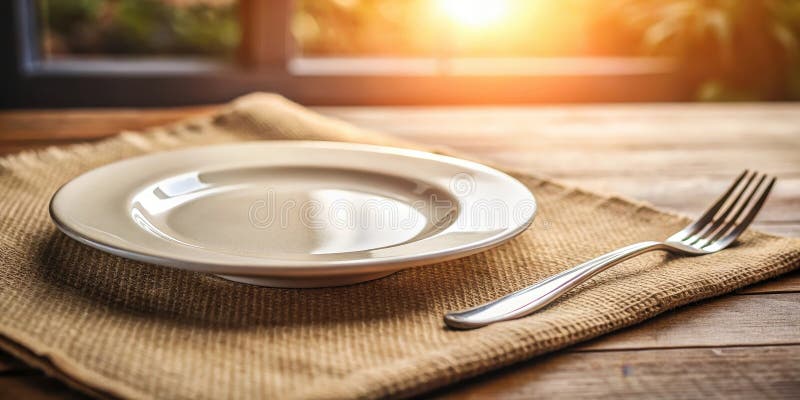 Simple Table Setting with a Single Plate and Fork on a Rustic Placemat ...