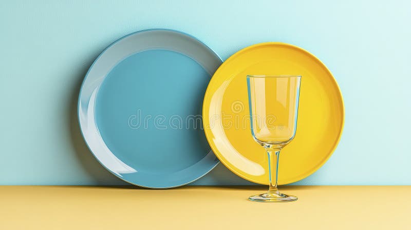 Simple Teal and Yellow Plate Setting with Empty Wine Glass Stock ...
